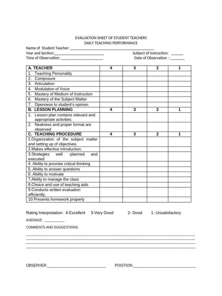 Student Teacher Evaluation Sheet | PDF
