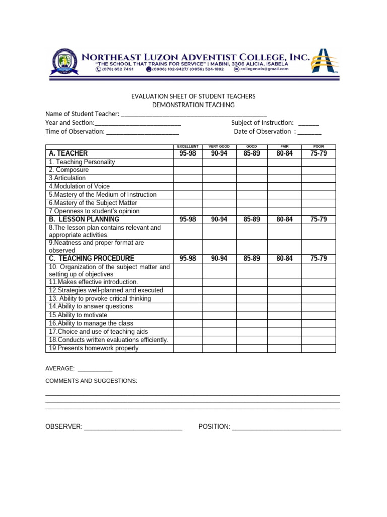 EVALUATION SHEET OF STUDENT TEACHERS Students | PDF