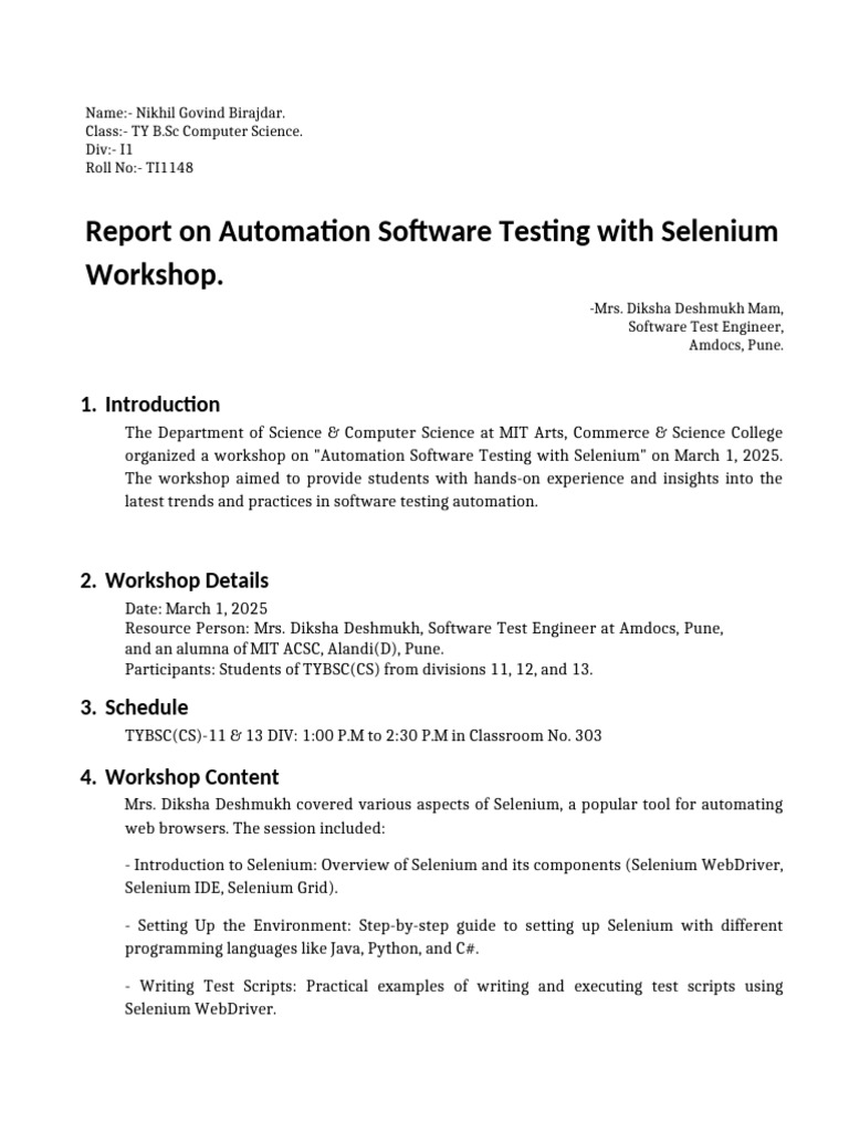 Automation Testing Workshop Report | PDF | Selenium (Software ...