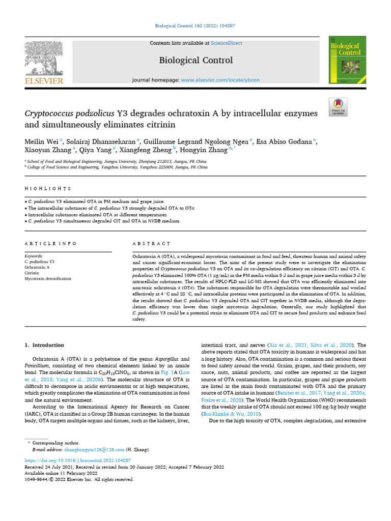 Cryptococcus Podzolicus Y3 Degrades Ochratoxin A by Intracellular ...