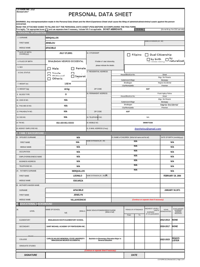 CS Form No. 212 Personal Data Sheet Revised | PDF | Government | Justice