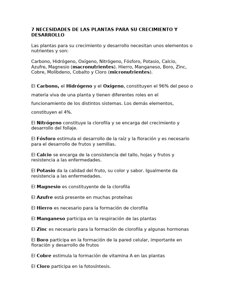 7 Necesidades de Las Plantas para Su Crecimiento y Desarrollo | PDF