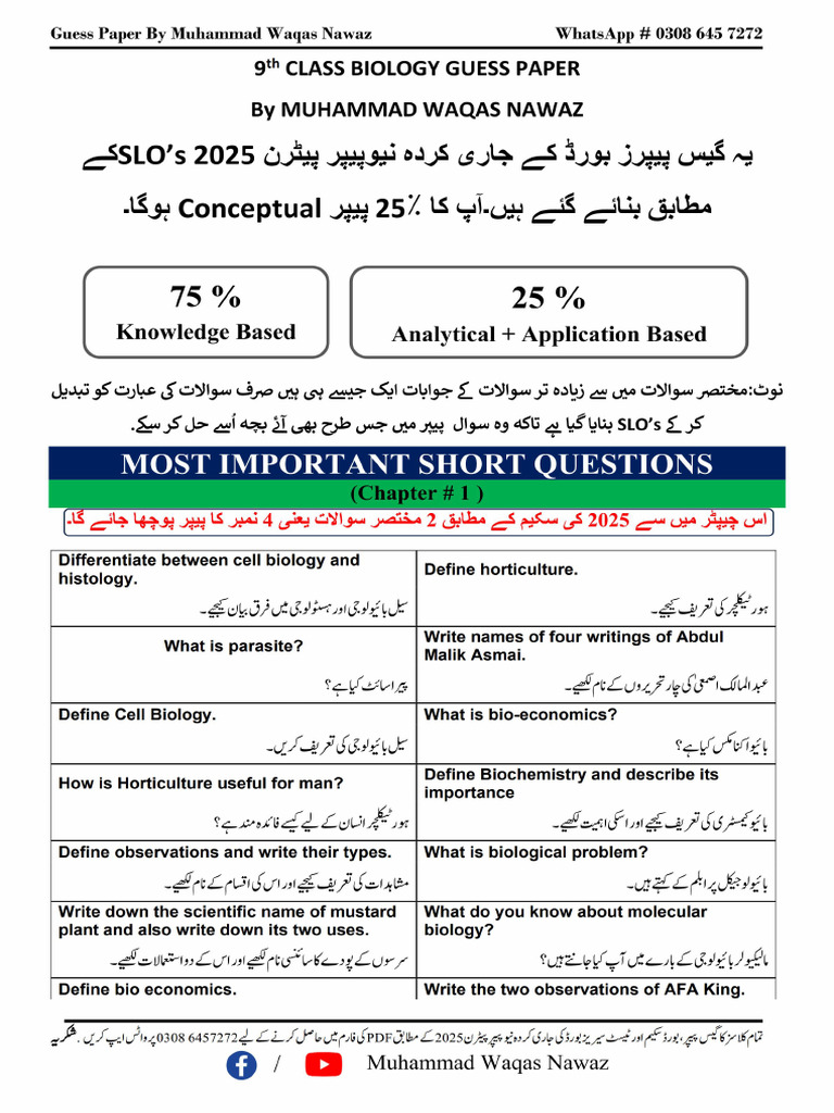 9th Class Biology Guess Paper 2025 | PDF