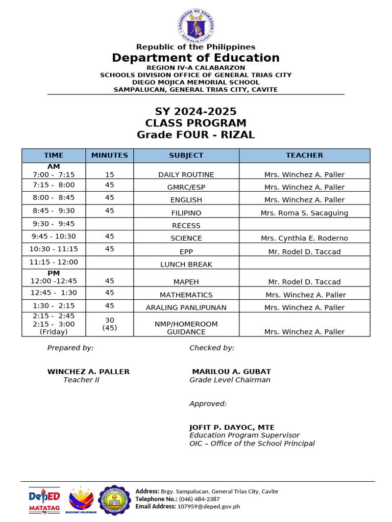 Class and Teachers Program 4 RIZAL 2024-2025 | PDF | Southeast Asia | Asia