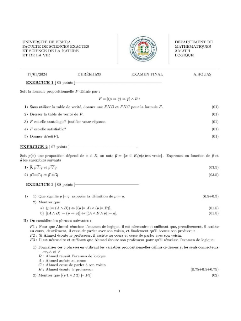 Examen3 Corrigé Logique Mathématique | PDF