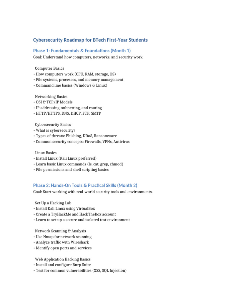 Cybersecurity Roadmap for BTech Students | PDF