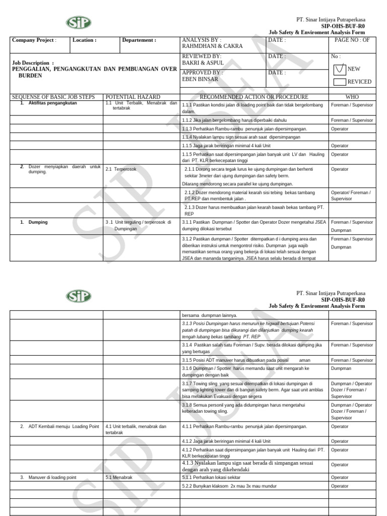 SIP-JSEA Pengangkutan Dan Pembuangan Over Burden Ok+ | PDF