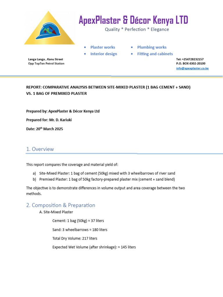 REPORT COMPARATIVE ANALYSIS BETWEEN SITEMIXED PLASTER VS1 BAG OF PREMIXED PLASTER | PDF ...