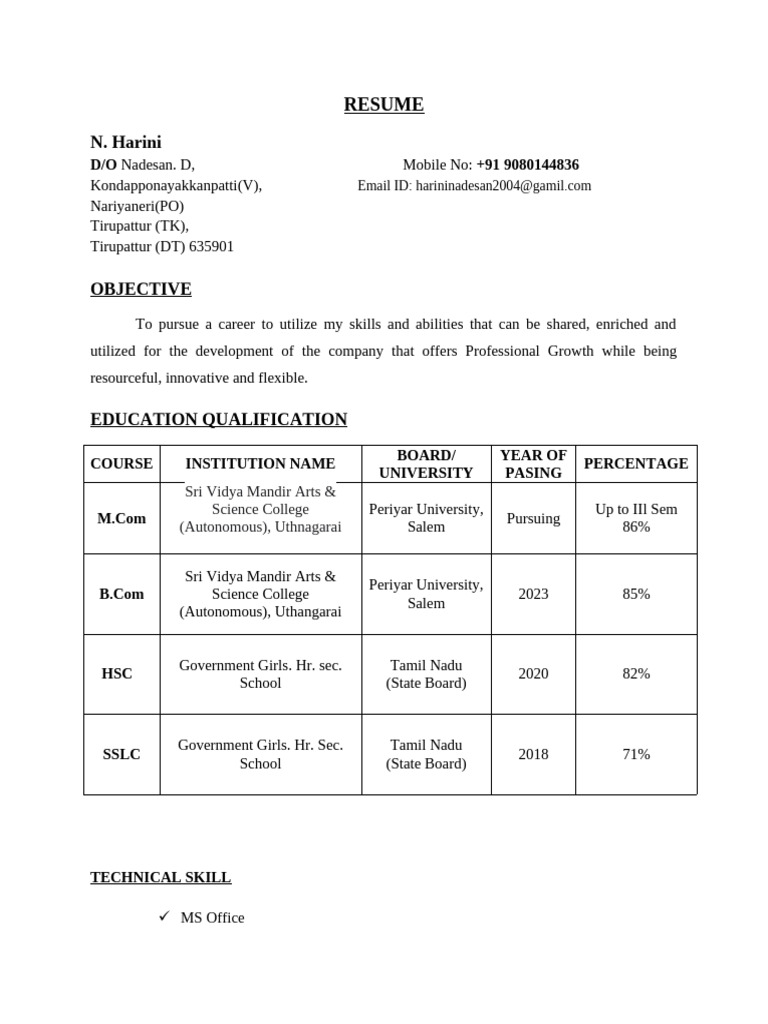 Harini. N Resume | PDF | Learning | Cognition