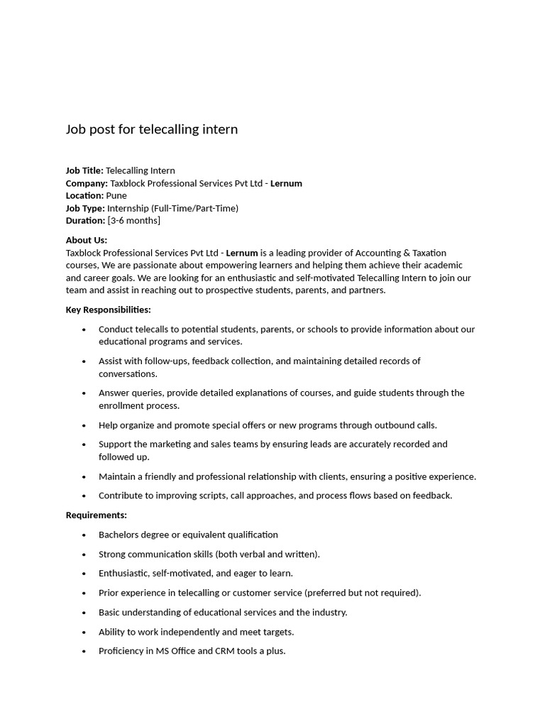 Job Post For Telecalling Intern Profarma | PDF