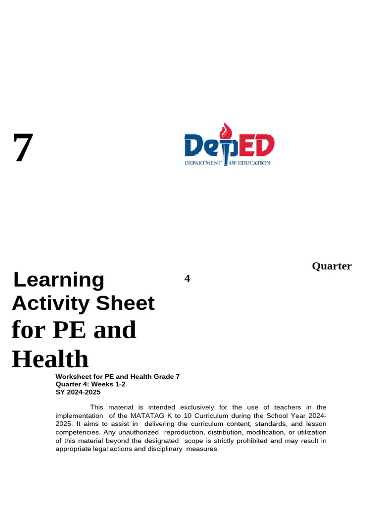 Q4 - WS - PEH 7 - Lesson 1 - Weeks 1-2 | PDF | First Aid | Learning