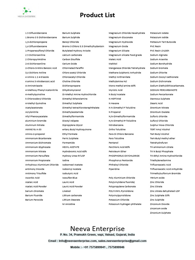 Comprehensive Chemical Product List | PDF | Acid | Amine
