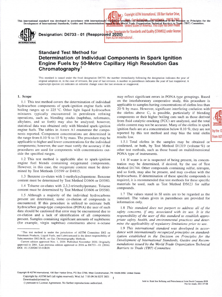 ASTM D6733 012020 STM For Individual Components in Spark Ignition | PDF