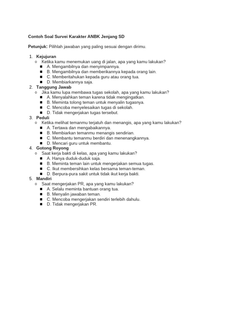 Contoh Soal Survei Karakter SD | PDF