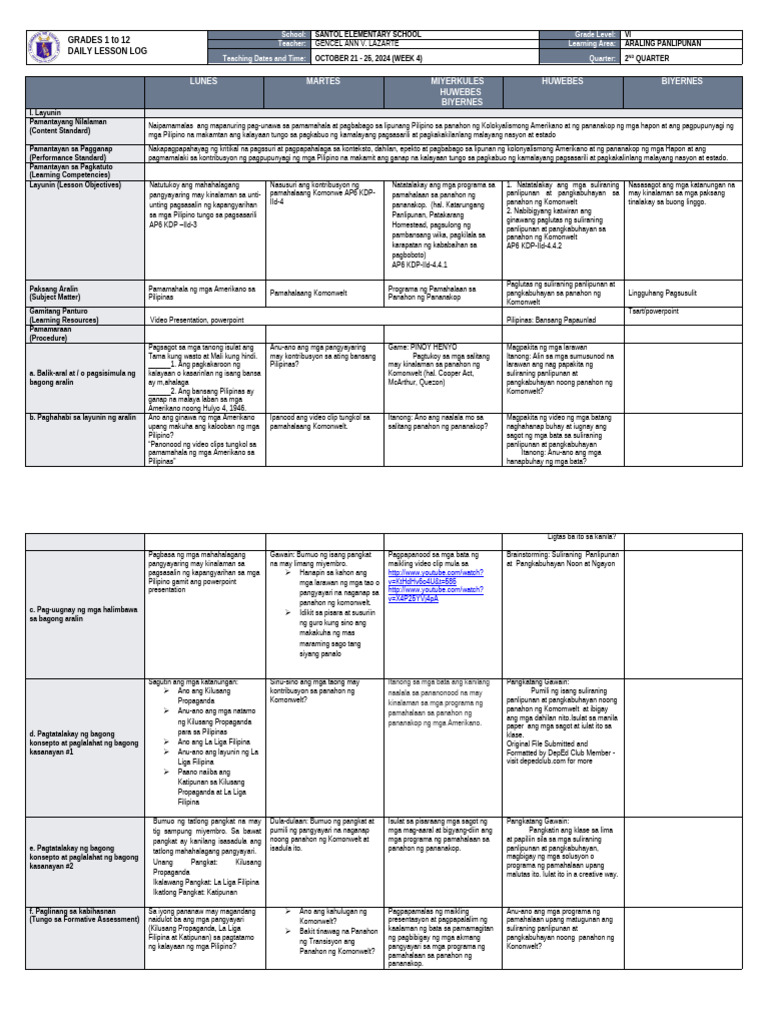 DLL - Araling Panlipunan 6 - Q2 - W4 | PDF
