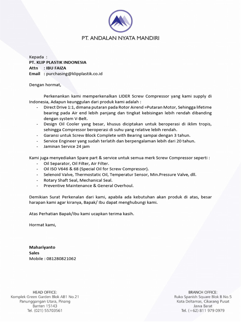 Surat Perkenalan Produk (Pt. Klip Plastik Indonesia) | PDF