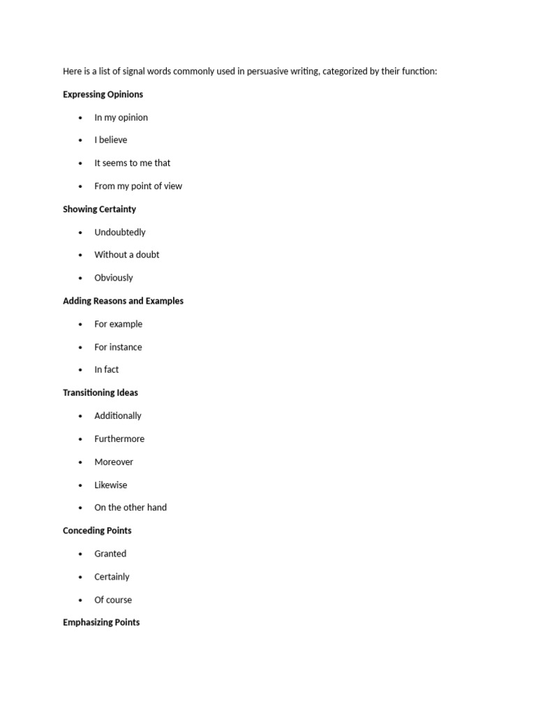 Here Is A List of Signal Words Commonly Used in Persuasive Writing | PDF