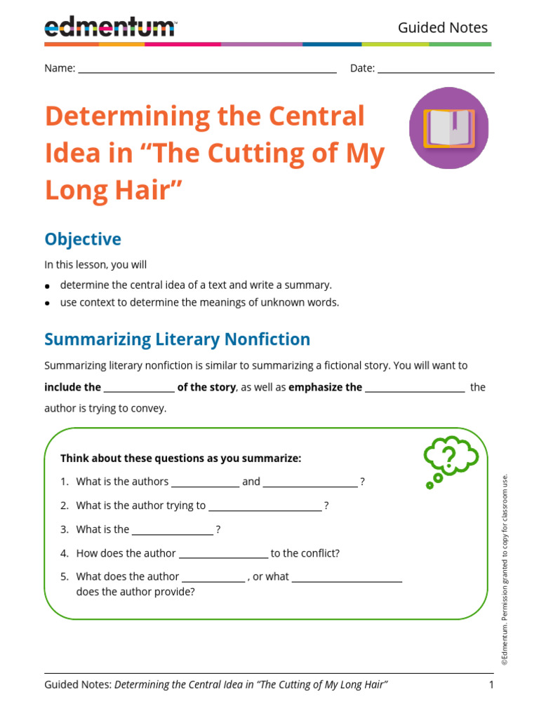 Guided Notes English 9 A3.01 Determining The Central Ideas in The ...