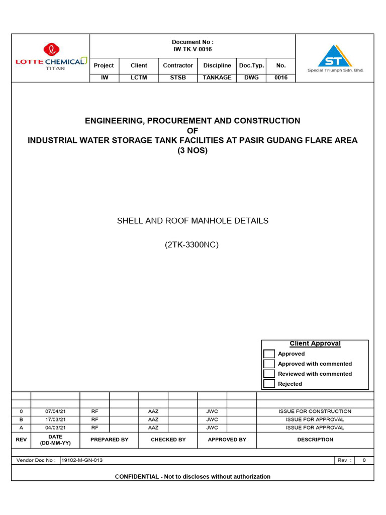IW-TK-V-0016 - Rev'0 (Shell and Roof Manhole Detail - 2TK-3300NC) | PDF