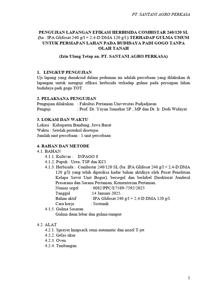 Draft Protokol Combistar 240 120 SL Padi Gogo TOT | PDF