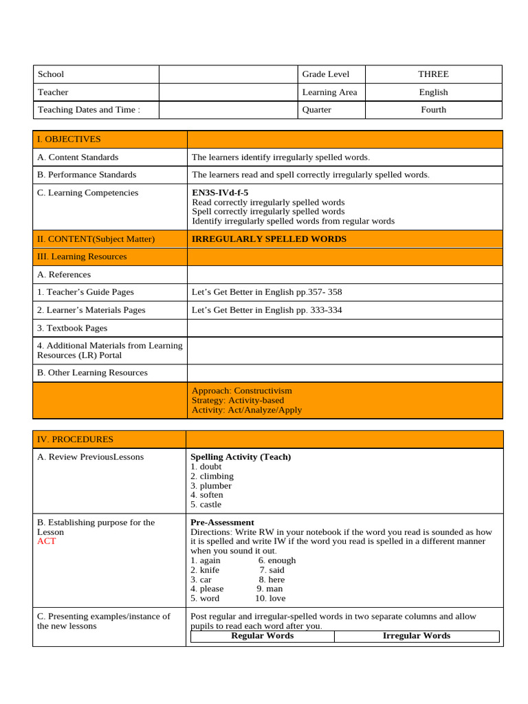Grade 3 Irregularly Spelled Words Lesson | PDF | Teachers | Intelligence