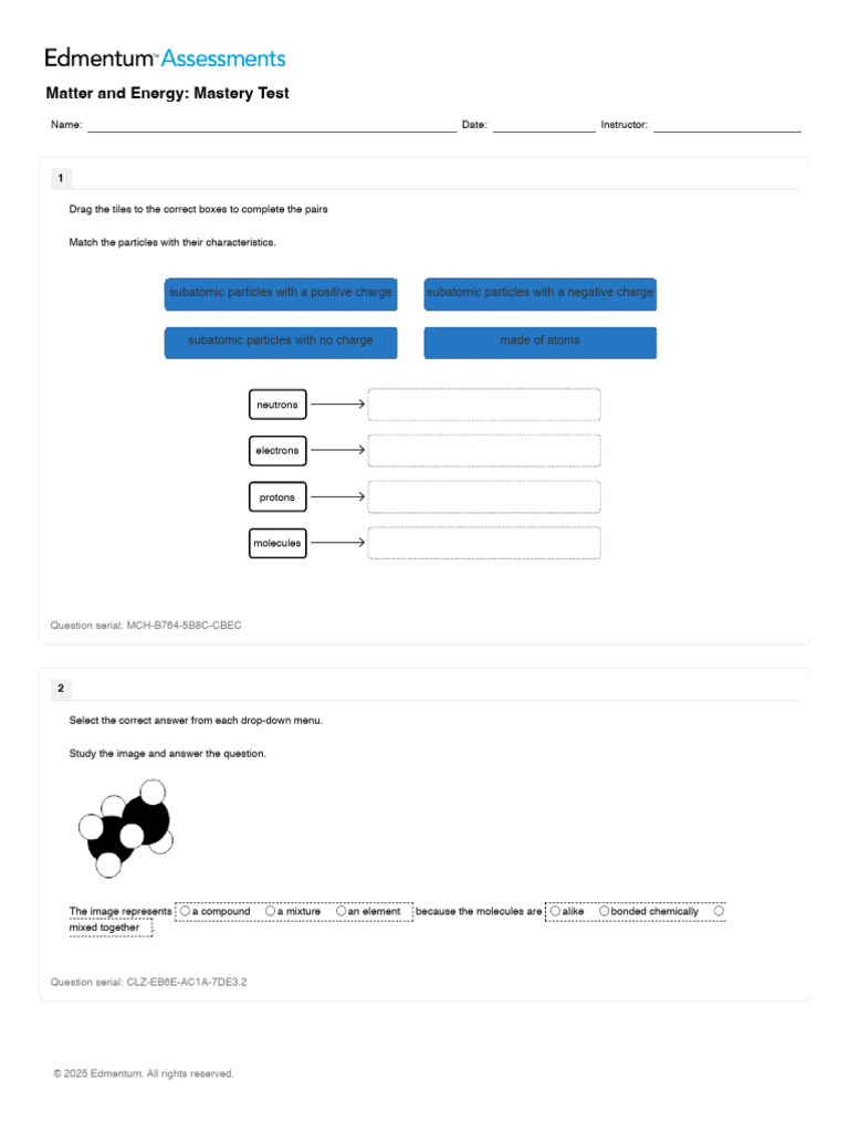 Matter and Energy Mastery Test | PDF | Atoms | Molecules