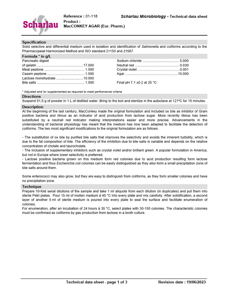 (Coliform) MacCONKEY AGAR (Eur. Pharm.) 01-118 - TDS - EN | PDF ...