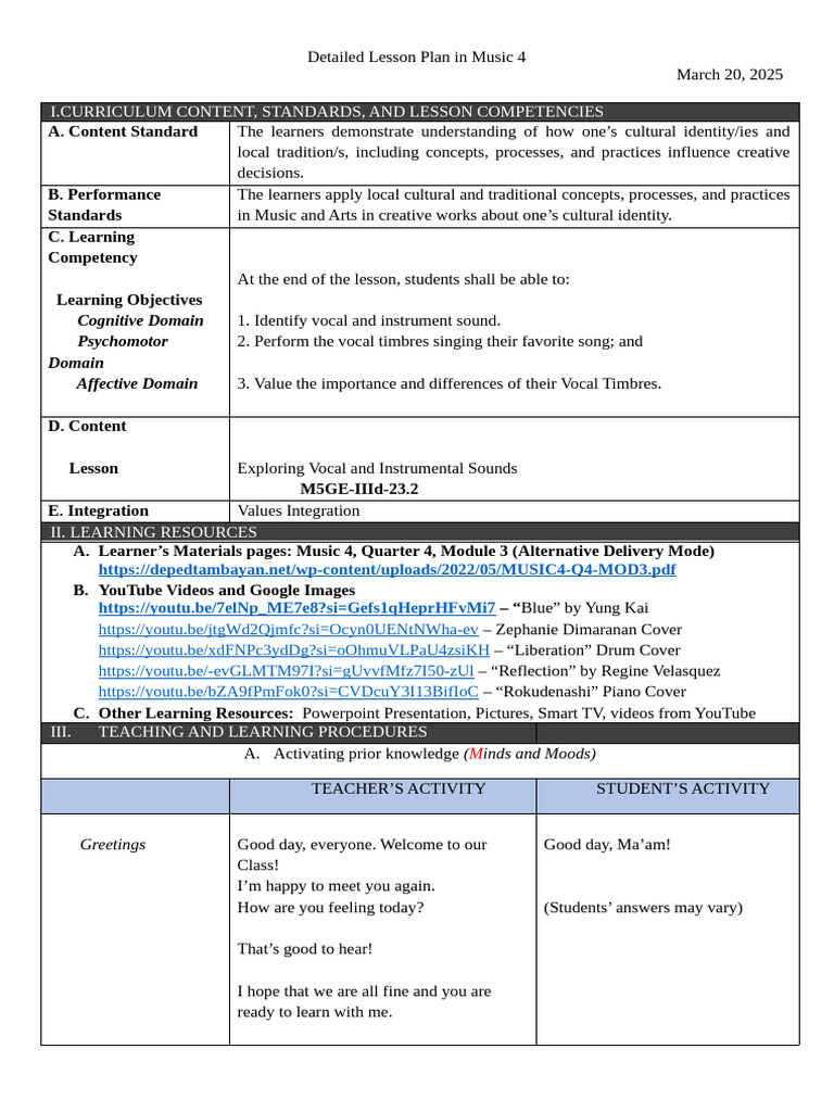 Grade 4 Music Lesson Plan: Timbres | PDF | Human Voice | Bass Guitar