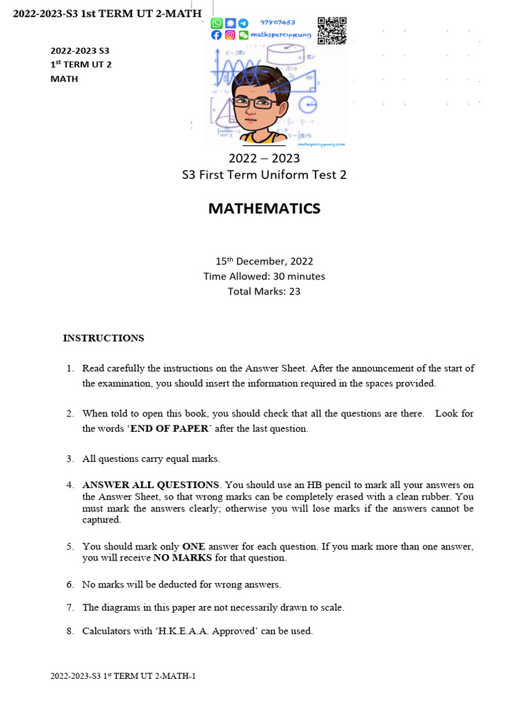 2022 2023 s3 1st Term Ut 2 Math | PDF | Length