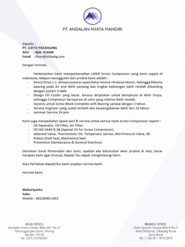 SURAT PERKENALAN (Customer PT - LOTTE PACKAGING) | PDF