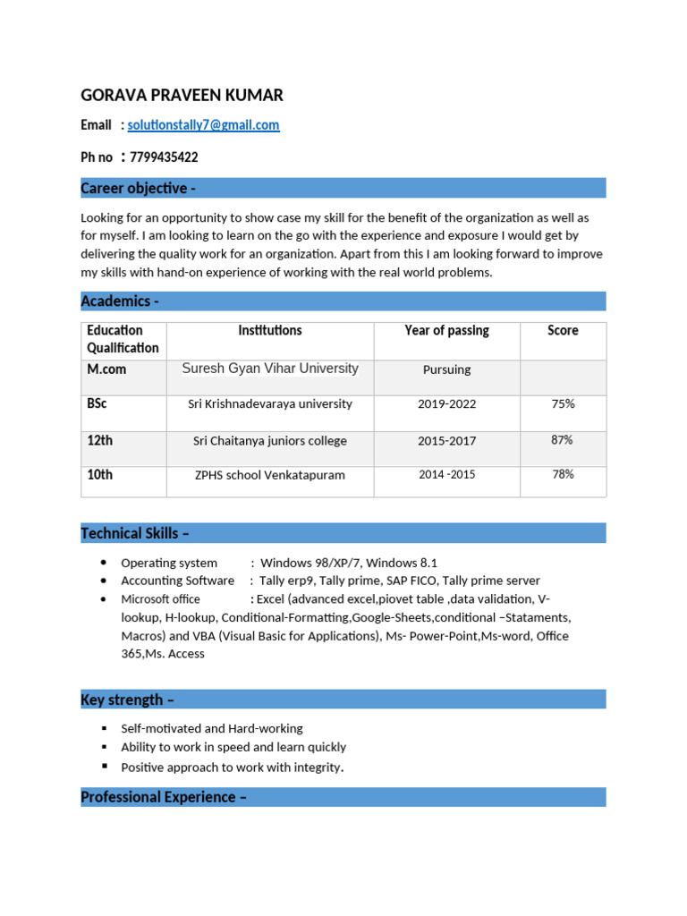 Praveen Kumar Gorava - Resume | PDF | Visual Basic For Applications | Microsoft Excel