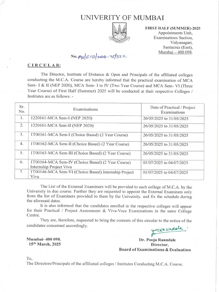 Circular for MCA Practical Examination for First Half Summmer 2025 | PDF