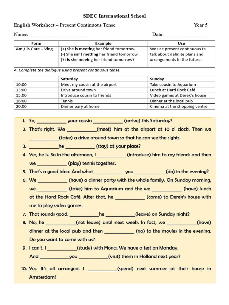 Year 5 Present Continuous Worksheet | PDF