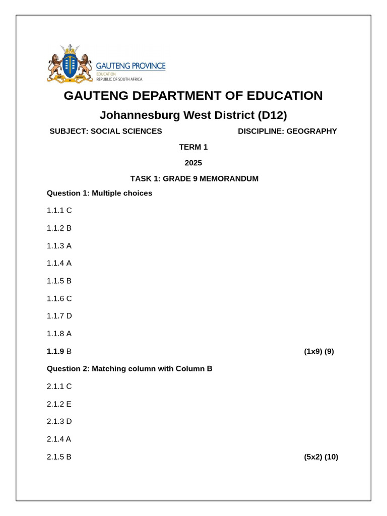 Grade 9 Geography Exam Memo Term 1 2025 | PDF