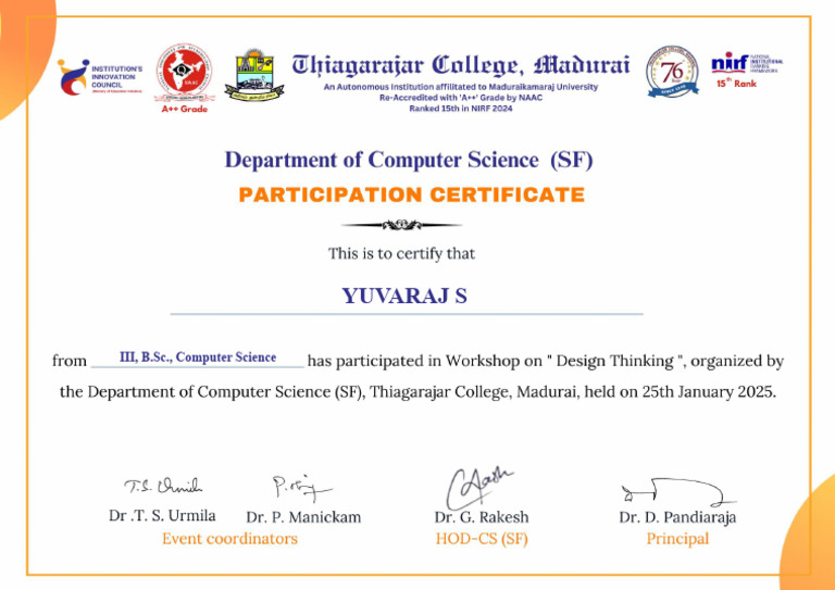 Yuvaraj S - DesignThinking - Participation - Certificate | PDF