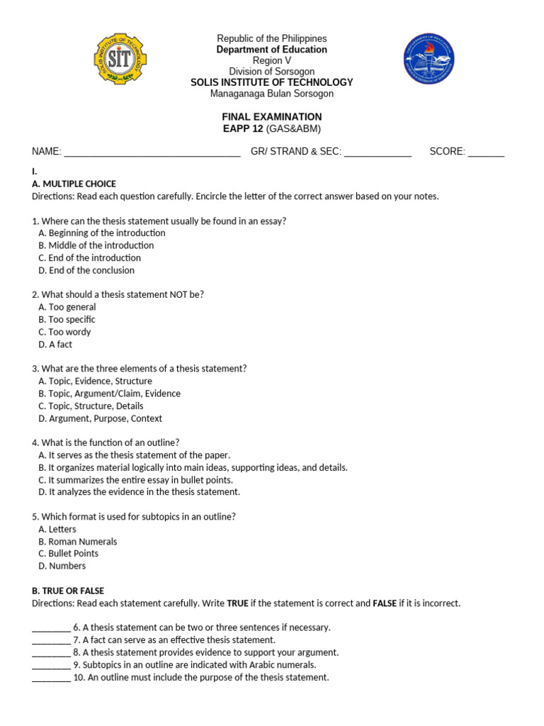 EAPP-12-EXAMINATION-SHEET | PDF | Thesis | Evaluation