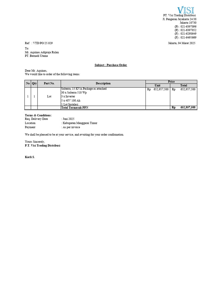 Purchase Order - VTD-PO-25-029 | PDF