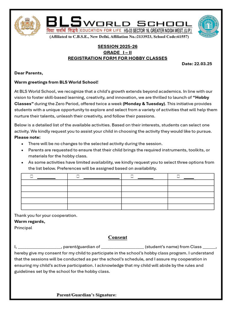 Circular For Hobby Classes | PDF
