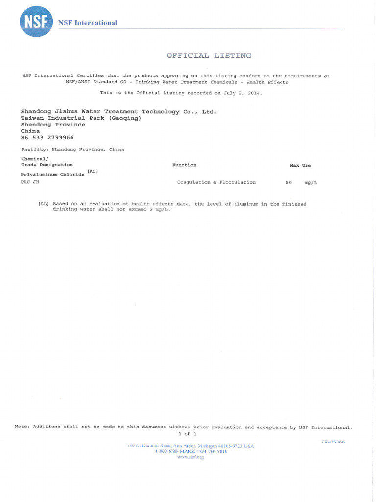 NSF Certificate | PDF
