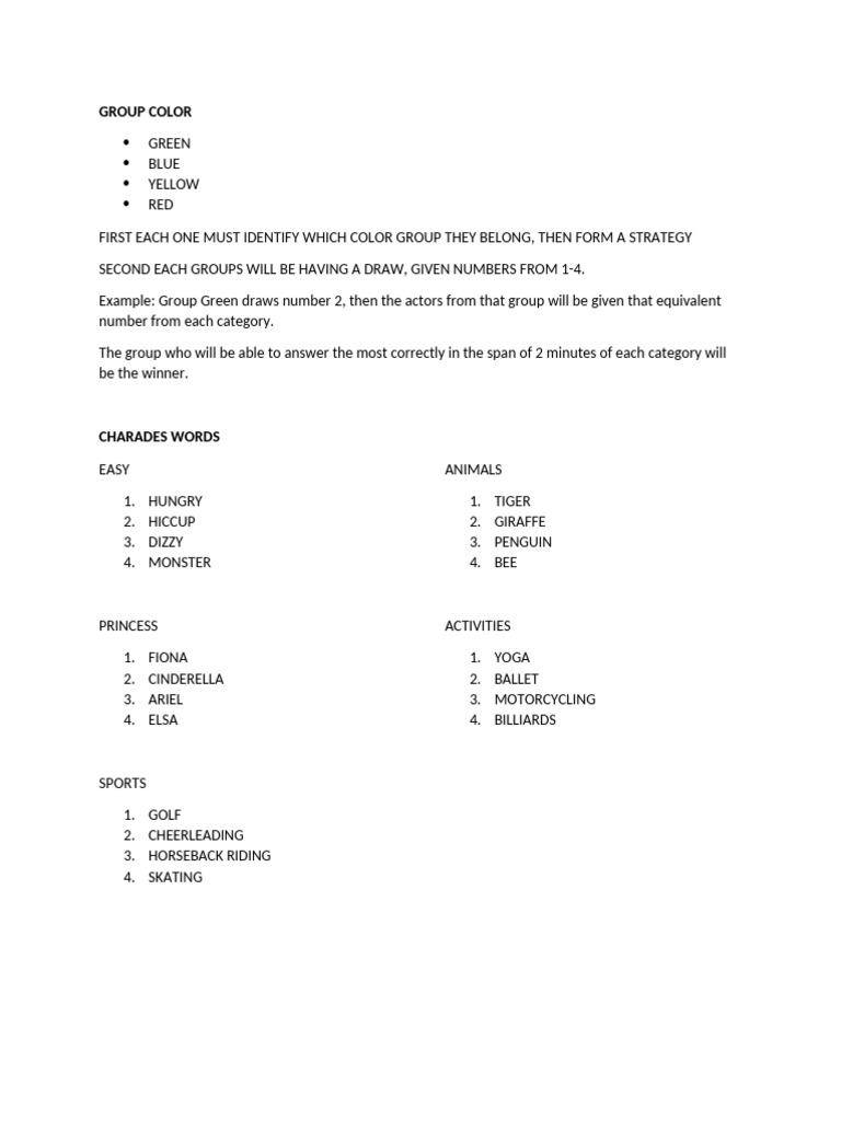 Charades Game Instructions and Categories | PDF