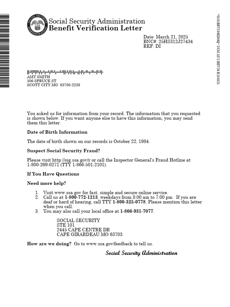 Benefit Verification Letter for Amy Smith | PDF