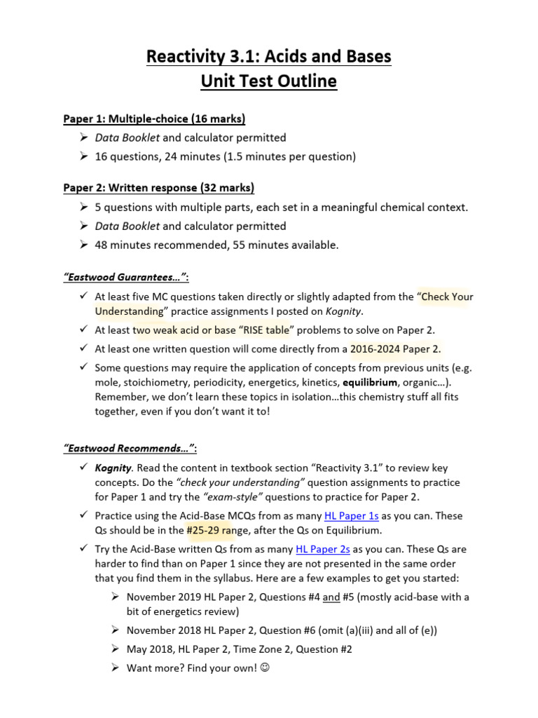 Acid-Base Unit Test Outline and Guidance (HL 2025) | PDF | Curriculum ...
