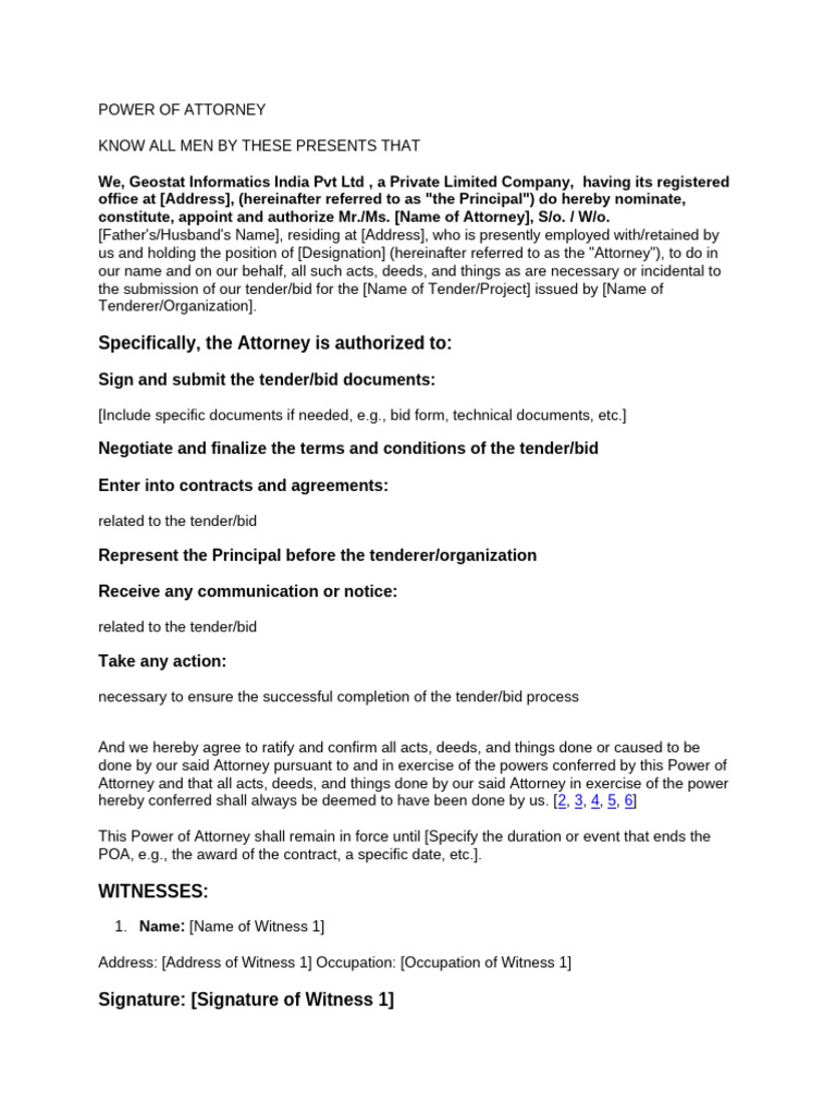 Power of Attorney Format Word For Tenders | PDF