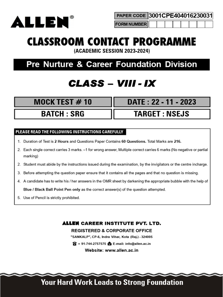 2211 - NSEJS Full Test-10 - Final Q.paper | PDF