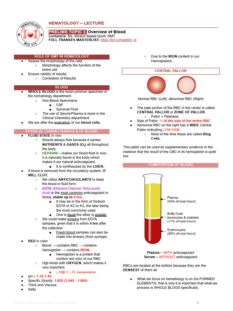 (Hema Lec) Full | PDF | Red Blood Cell | Blood Plasma