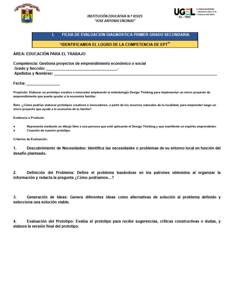 Ficha de Eval - Diag-Ept-1° | PDF | Iniciativa empresarial | El pensamiento de diseño
