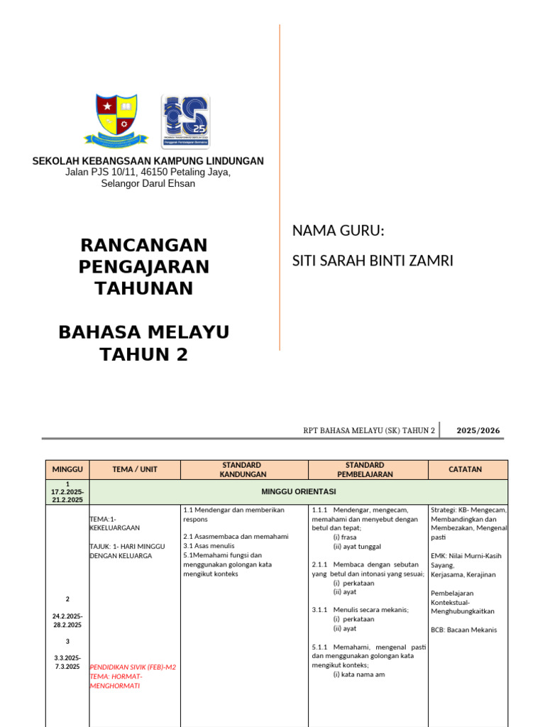 RPT BM THN 2 (SK) 2025-2026 | PDF