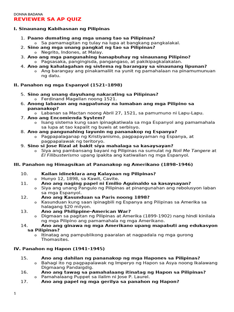 REVIEWER SA AP QUIZ | PDF