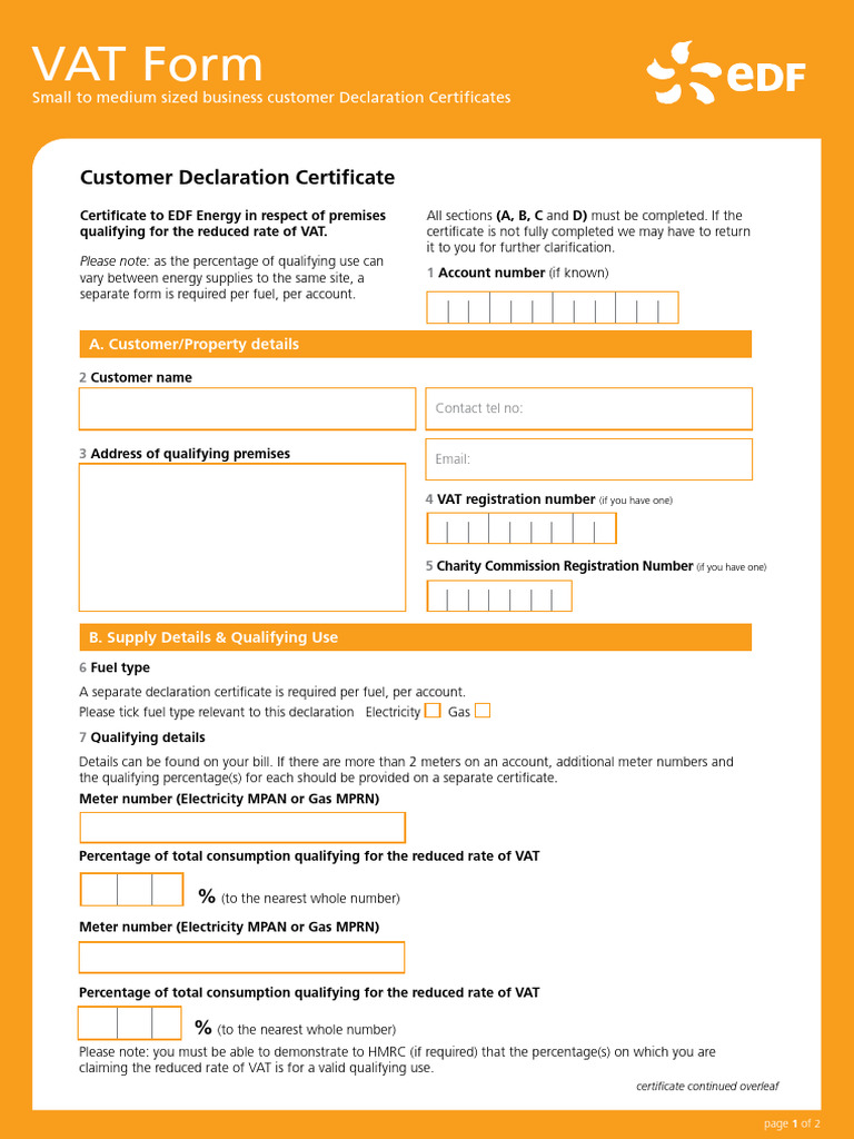 EDF Energy VAT Declaration Form | PDF | Value Added Tax | Charitable ...