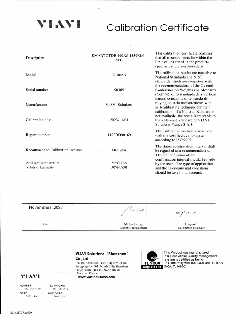 OTDR Calibration Certificate 2023 | PDF | Calibration | Quantity